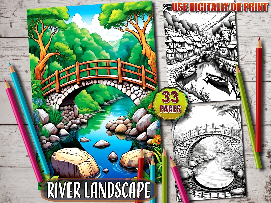 River Landscape Coloring Book: 33 Grayscale Pages (printable PDF) - Etsy