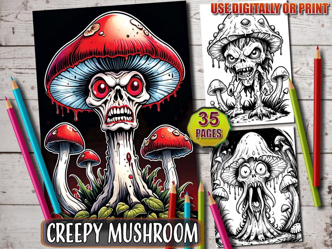 Creepy Mushroom Coloring Book: 35 Spooky Grayscale Pages (PDF Download ...