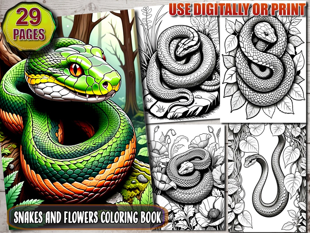 Snakes and Flowers Coloring Book, Printable PDF, Flowers & Serpents ...