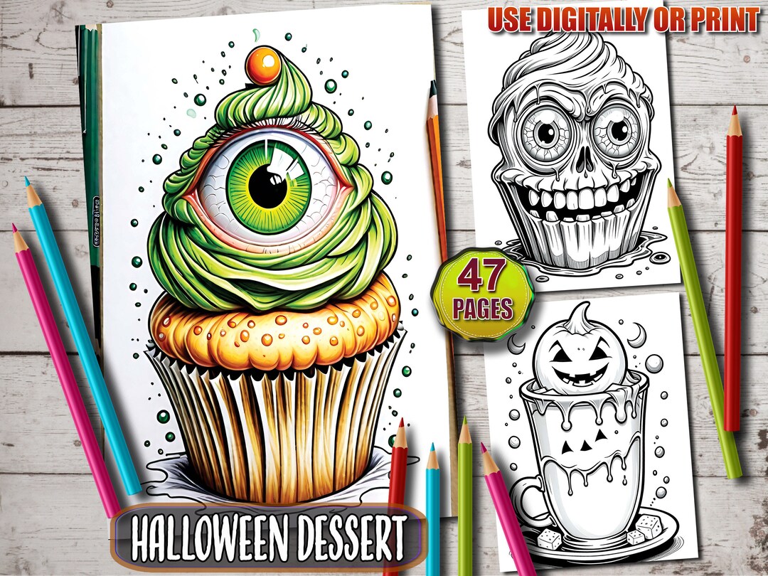Spooky Halloween Dessert Coloring Pages: 47 Creepy Grayscale Treats ...
