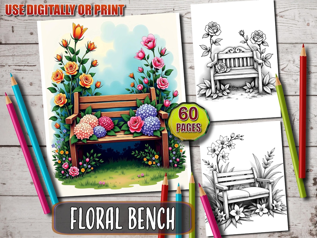 Floral Bench Coloring Book: 60 Fantasy Garden Scenes (printable PDF) - Etsy