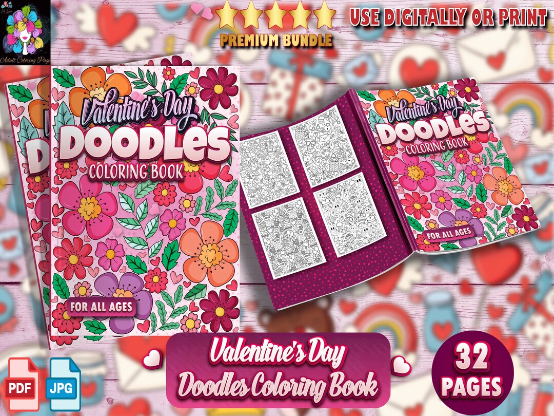 Valentine's Day Doodles Coloring Book: Hearts, Flowers (PDF & JPG) - Etsy