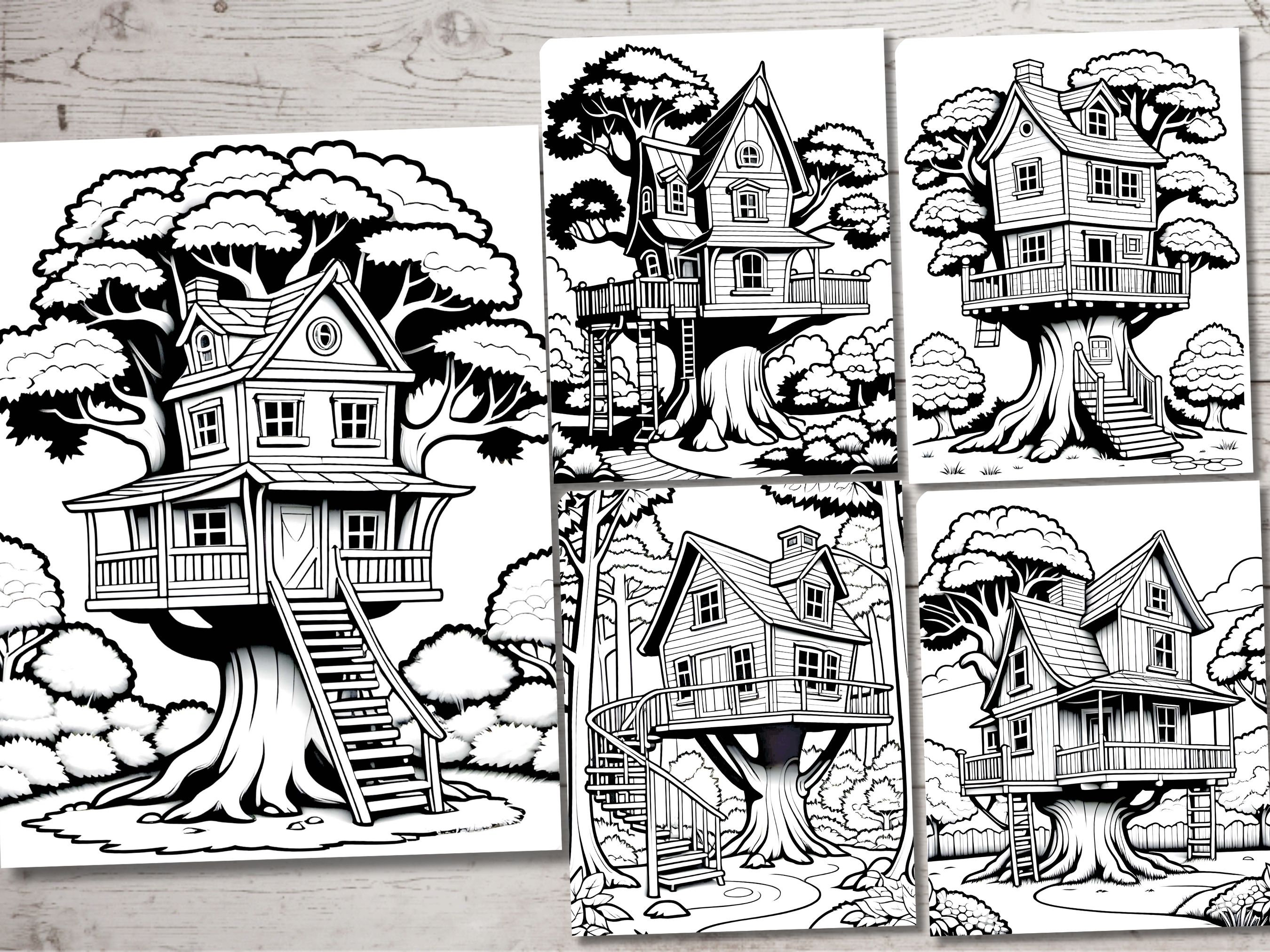 Treehouse Dwellings Coloring Book, Printable Fantasy Fairy House ...