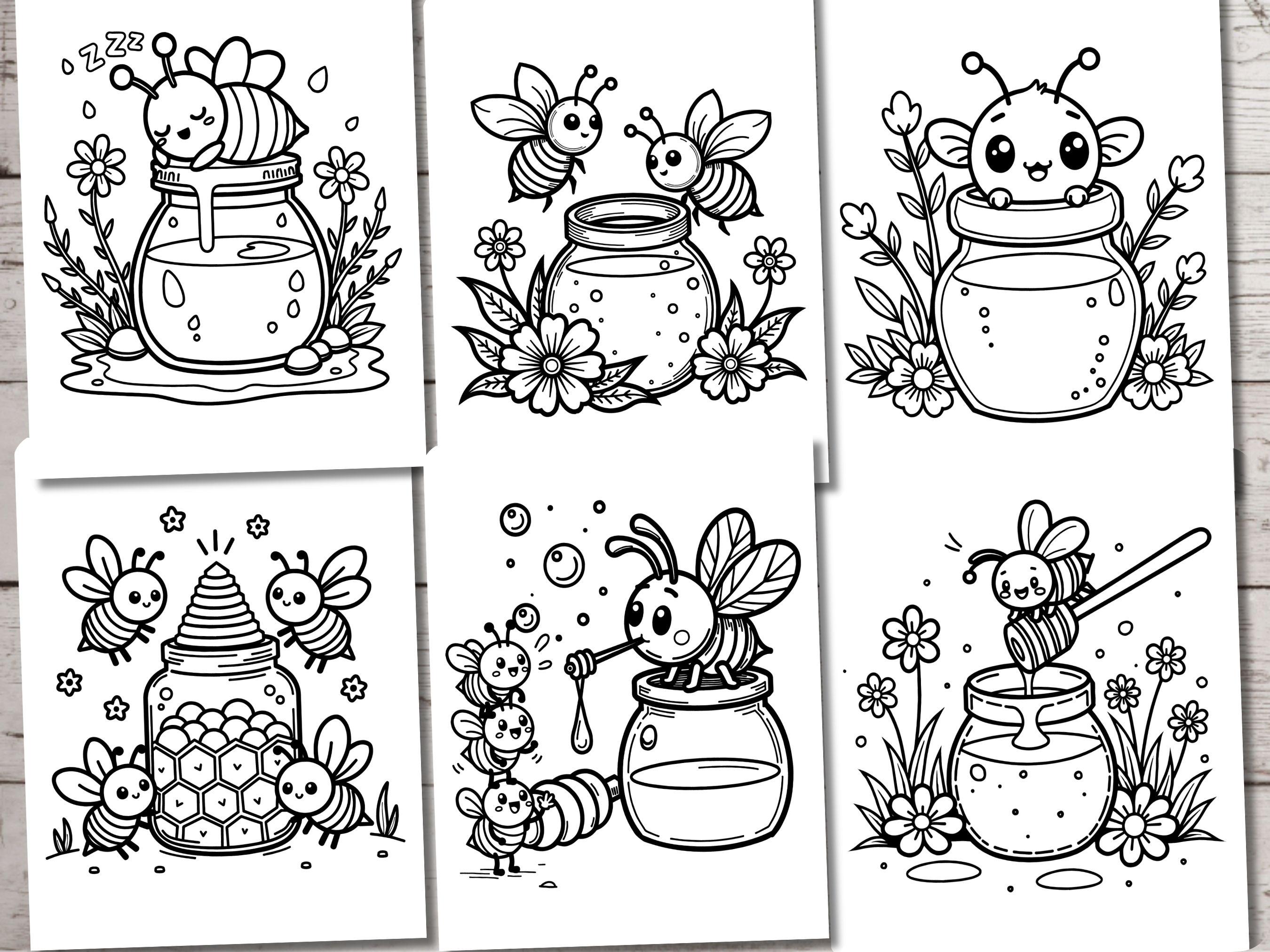 Cute Bee Coloring Pages | Adorable Bees in Honey Jars With Spring ...