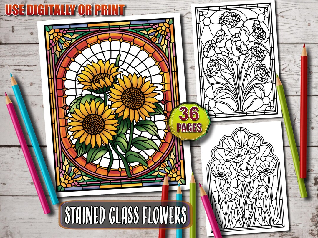 Flowers Stained Glass Coloring Book: 36 Floral Art Pages (PDF Download ...