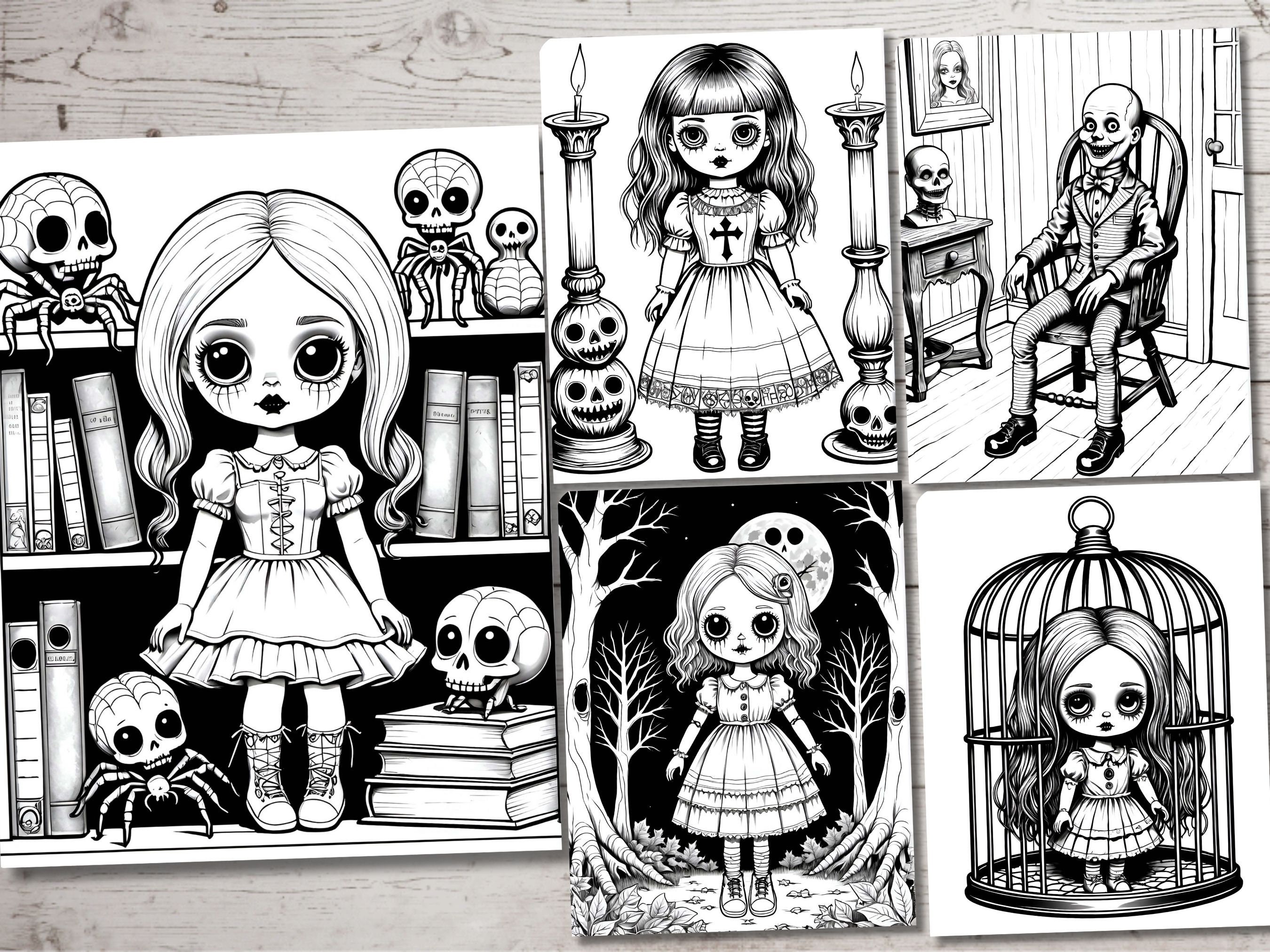 Creepy Doll Coloring Book, Printable Gothic Spooky Dolls Coloring Pages ...