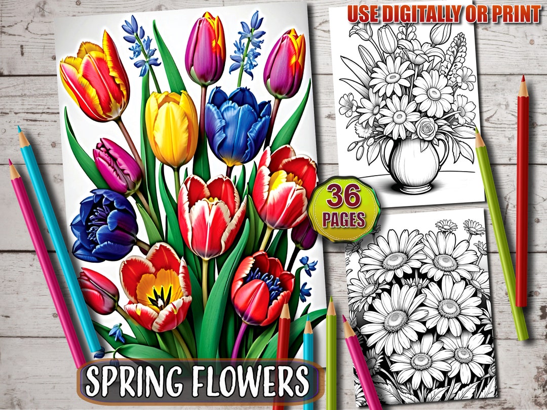 Spring Flowers Coloring Book: 36 Botanical Grayscale Pages (printable ...