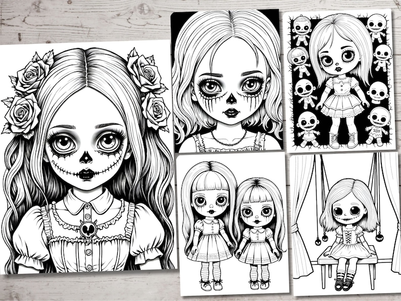 Creepy Doll Coloring Book, Printable Gothic Spooky Dolls Coloring Pages ...
