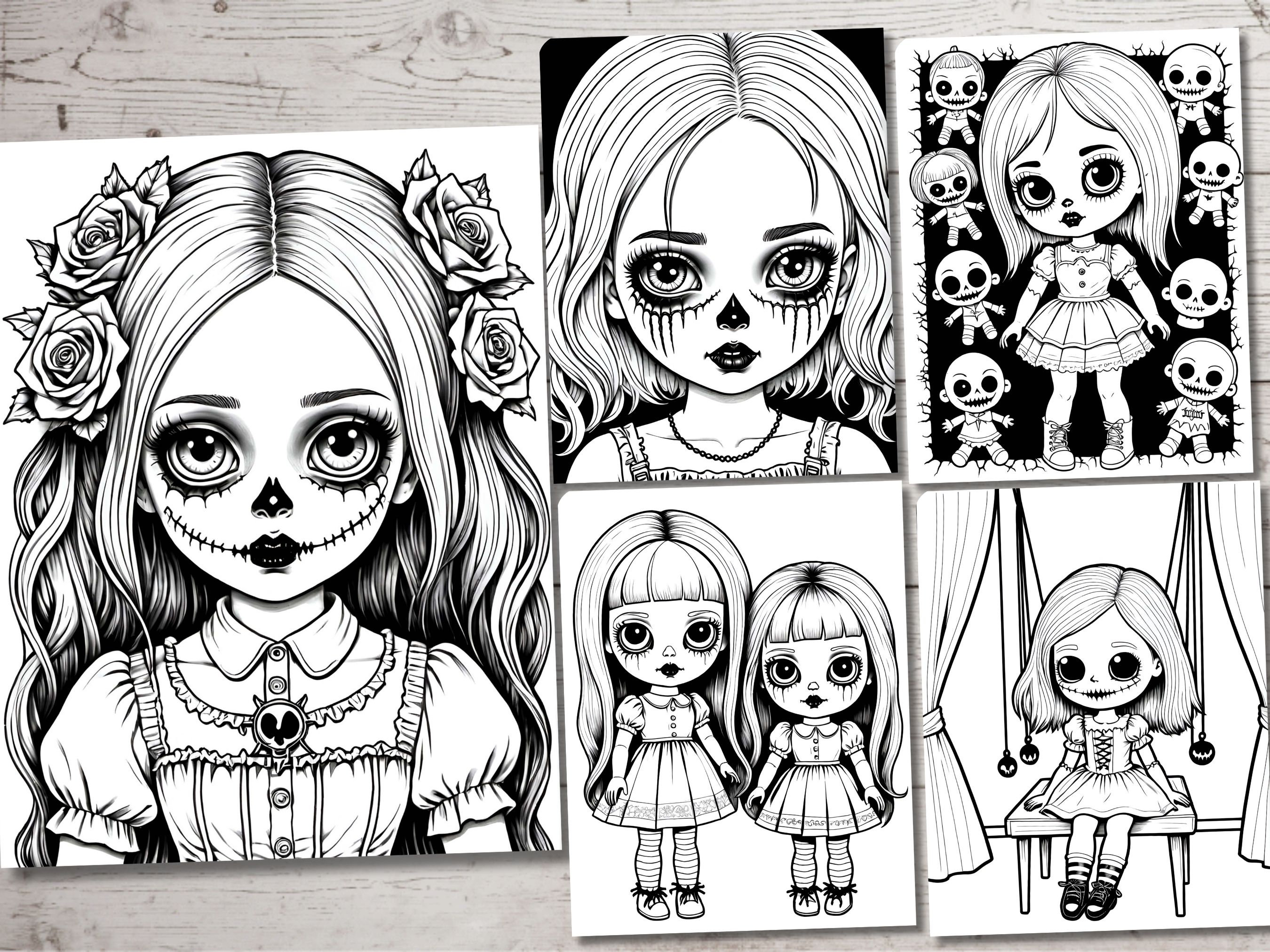 Creepy Doll Coloring Book, Printable Gothic Spooky Dolls Coloring Pages ...