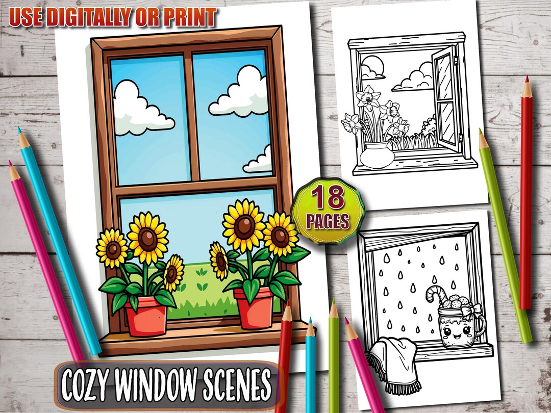 Cozy Window Scenes Coloring Pages: Kawaii Landscapes (printable PDF) - Etsy
