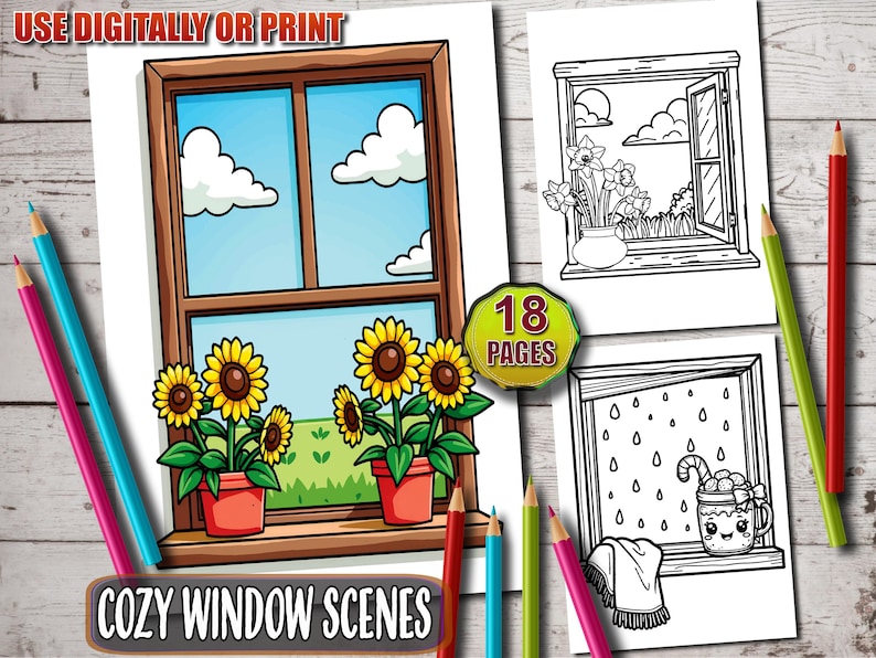 Cozy Window Scenes Coloring Pages: Kawaii Landscapes (printable PDF) - Etsy