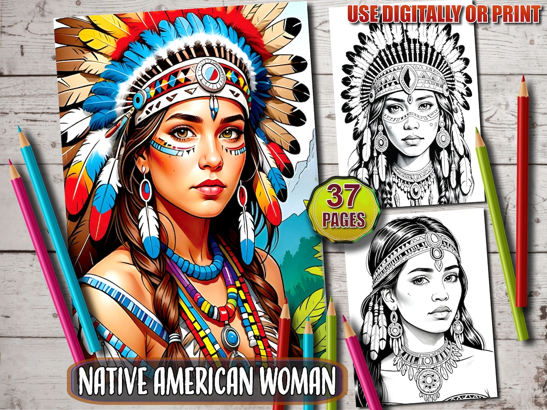 Native American Woman Coloring Book: 37 Printable Pages (PDF) - Etsy