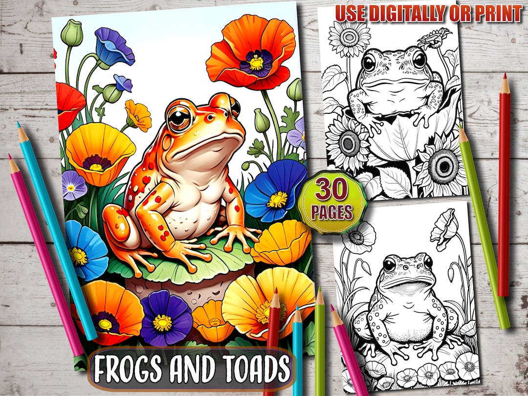 Frogs and Toads Coloring Book, 30 Frogs Cute Coloring Page Book ...