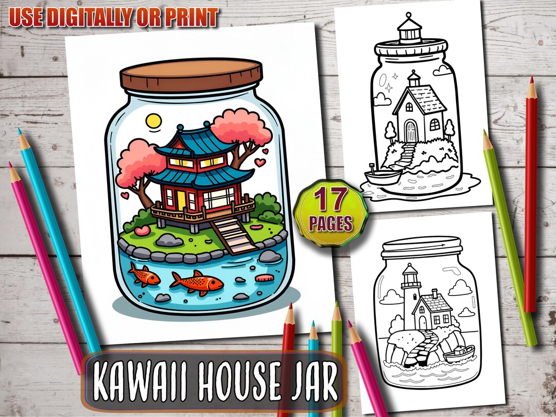 Cute Kawaii House Jar Coloring Book, Bold and Easy Coloring Pages, Cute ...