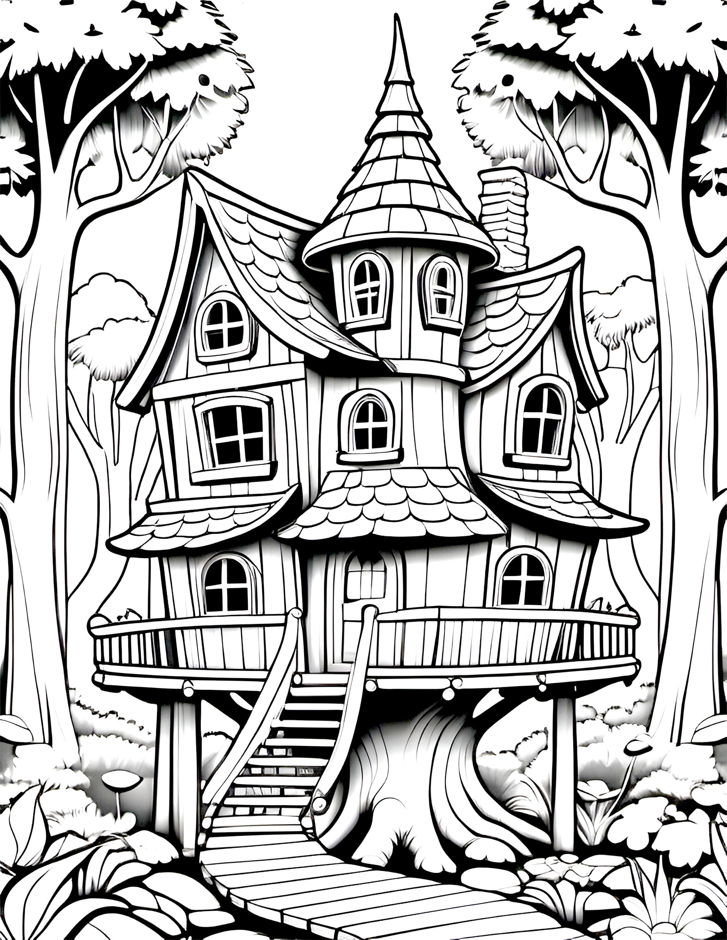 Treehouse Dwellings Coloring Book, Printable Fantasy Fairy House ...