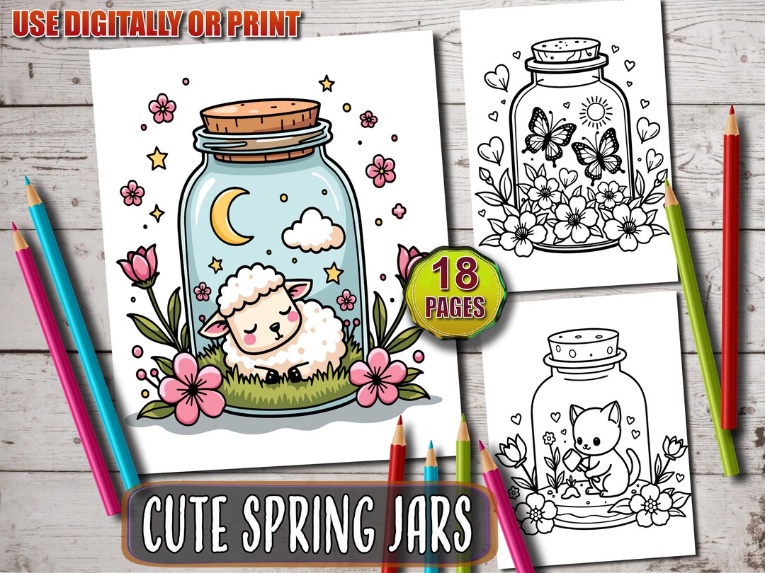 Kawaii Spring Jars Coloring Book: Floral Designs (digital PDF) - Etsy