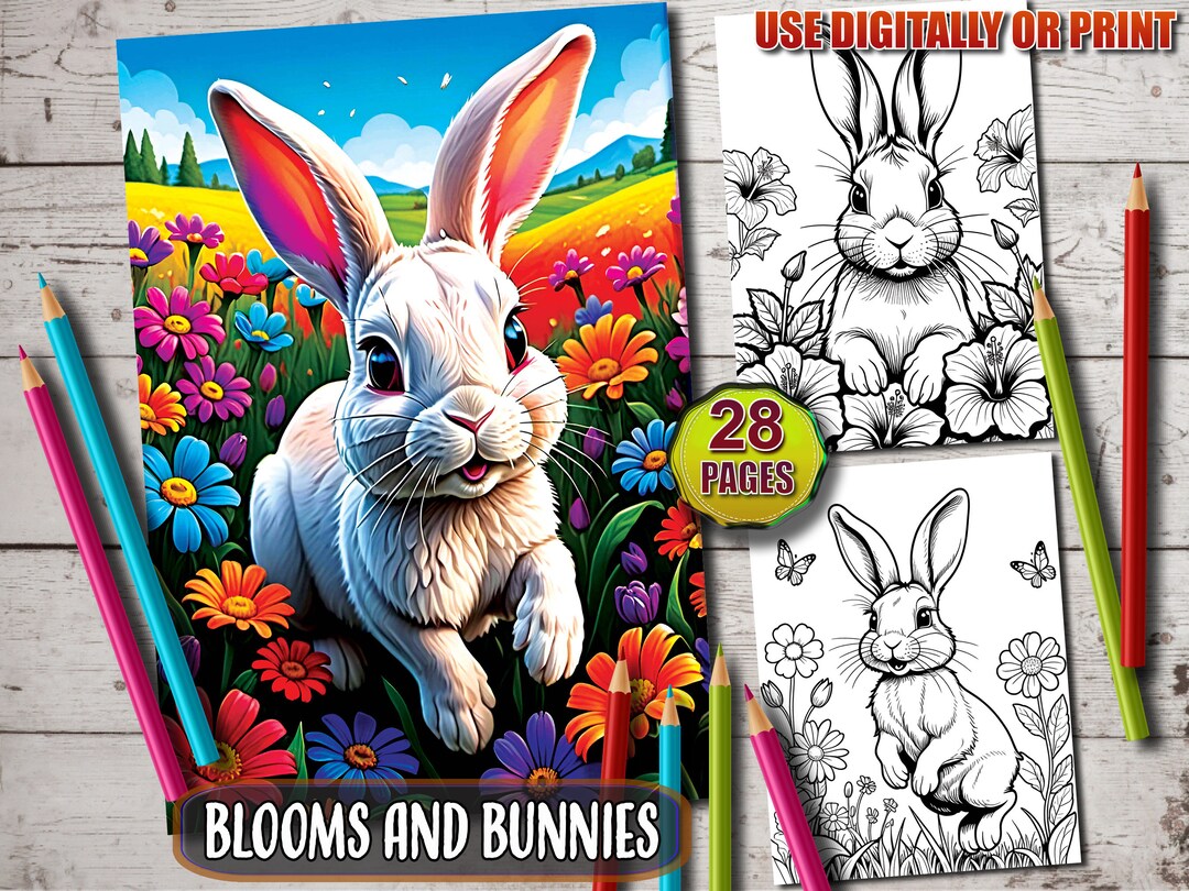Rabbit Coloring Book: Blooms and Bunnies - 28 Printable Pages (PDF) - Etsy