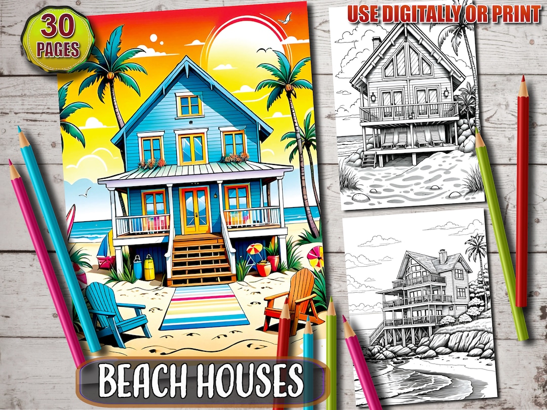 Beach Houses Coloring Book, Printable PDF, Seaside Serenity Coloring ...