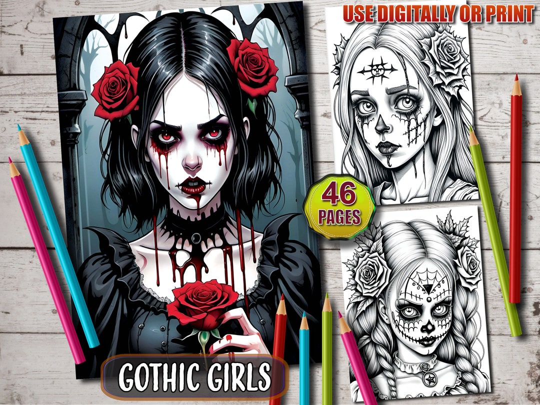 Gothic Girls Coloring Book: 46 Dark Fantasy Grayscale Pages (instant ...