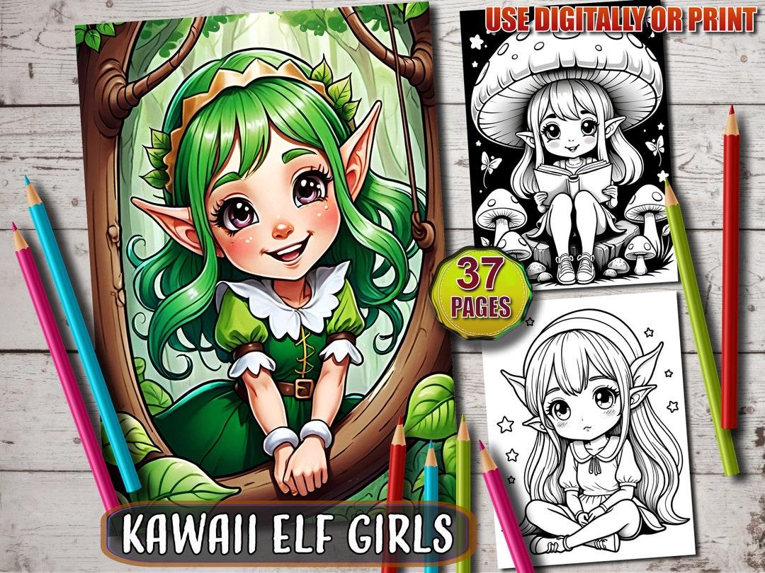 Kawaii Coloring Pages: Adorable Kawaii Elf Girls Coloring Book - Cute ...