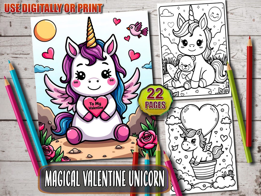 Magical Valentine Unicorn Coloring Pages, Creative Gift for Kids and ...