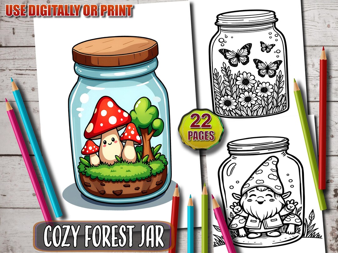 Bold and Easy Coloring Book: Kawaii Forest Jar Coloring Pages, Cute ...