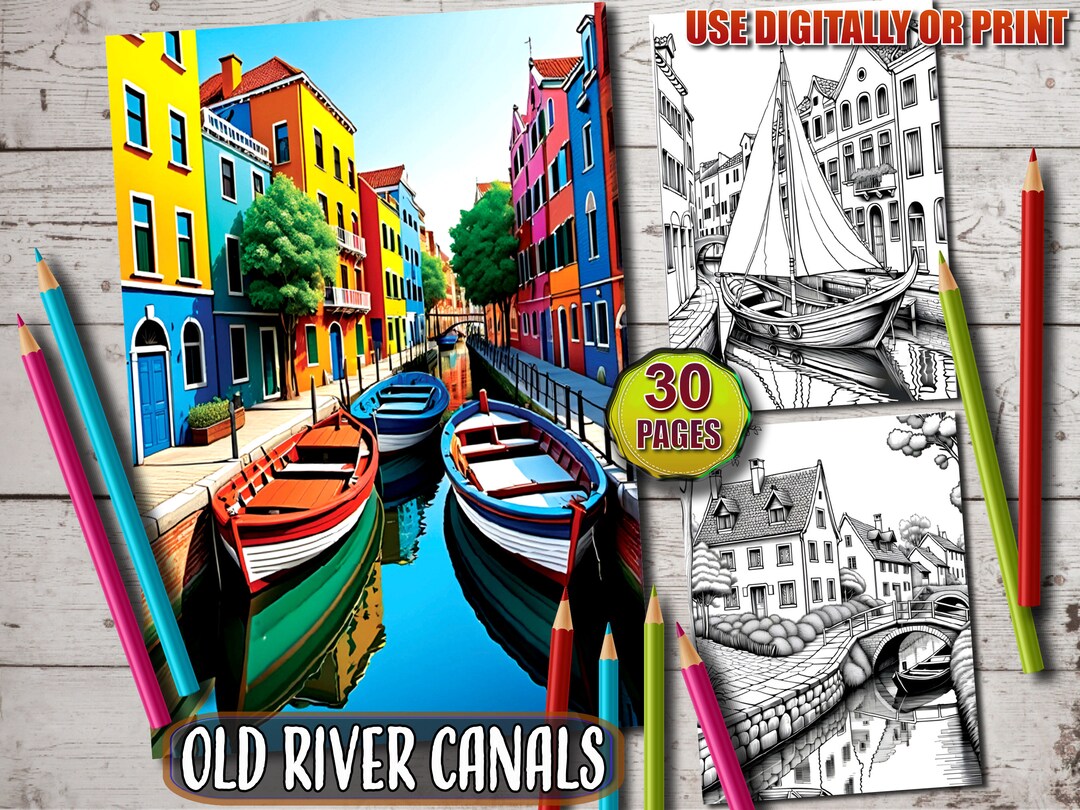 Old River Canals Coloring Book: 30 Nostalgic Grayscale Pages (printable ...