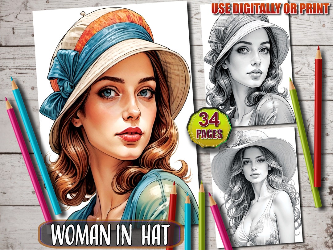 34 Women in Hats Coloring Book | Grayscale LADIES With HAT | Beautiful ...