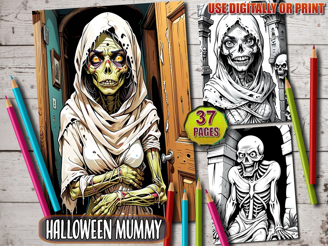 Terrifying Mummy Horror Coloring Pages: Halloween Grayscale Coloring ...