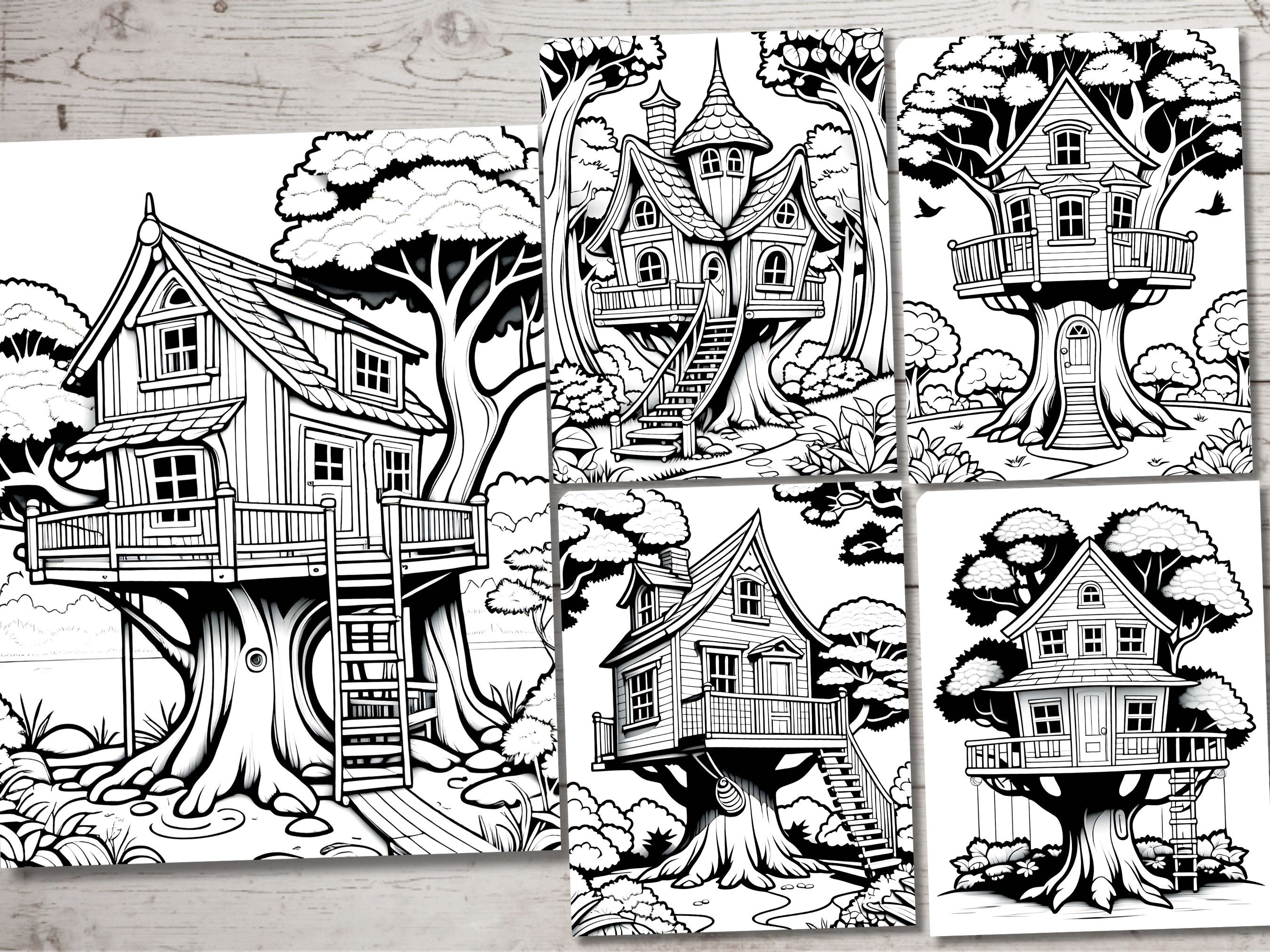 Treehouse Dwellings Coloring Book, Printable Fantasy Fairy House ...