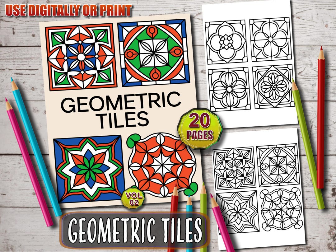 Geometric Tiles Coloring Book, Pattern Tiles Coloring Pages, Abstract ...