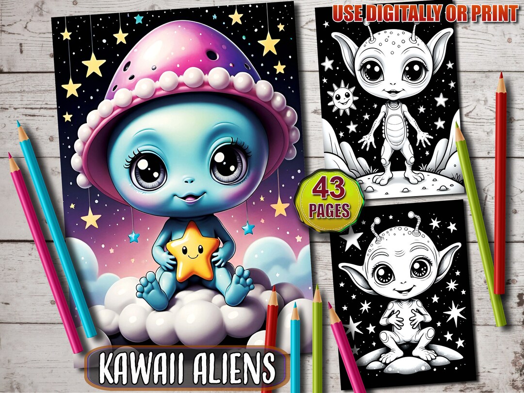 Cute Kawaii Coloring Pages, Adorable Kawaii Aliens Coloring Book, Cute ...