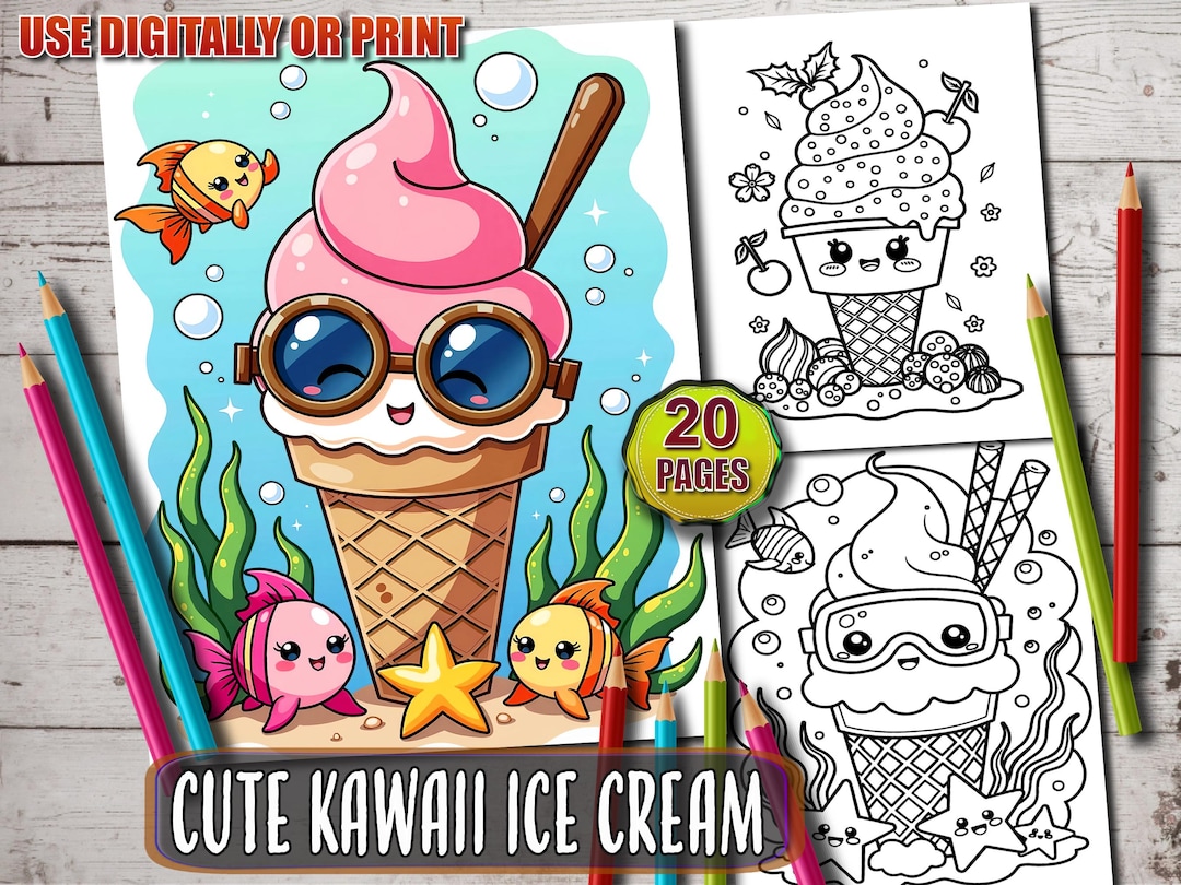 Kawaii Ice Cream Coloring Book: Adorable Kawaii Ice Cream Coloring ...