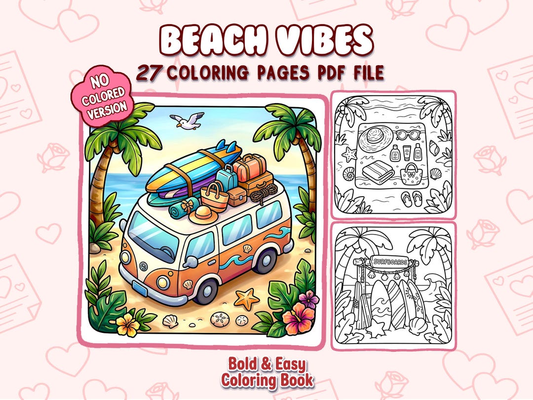 Beach Vibes Coloring Book | Cute Tropical Summer Scenes, Bold Easy ...