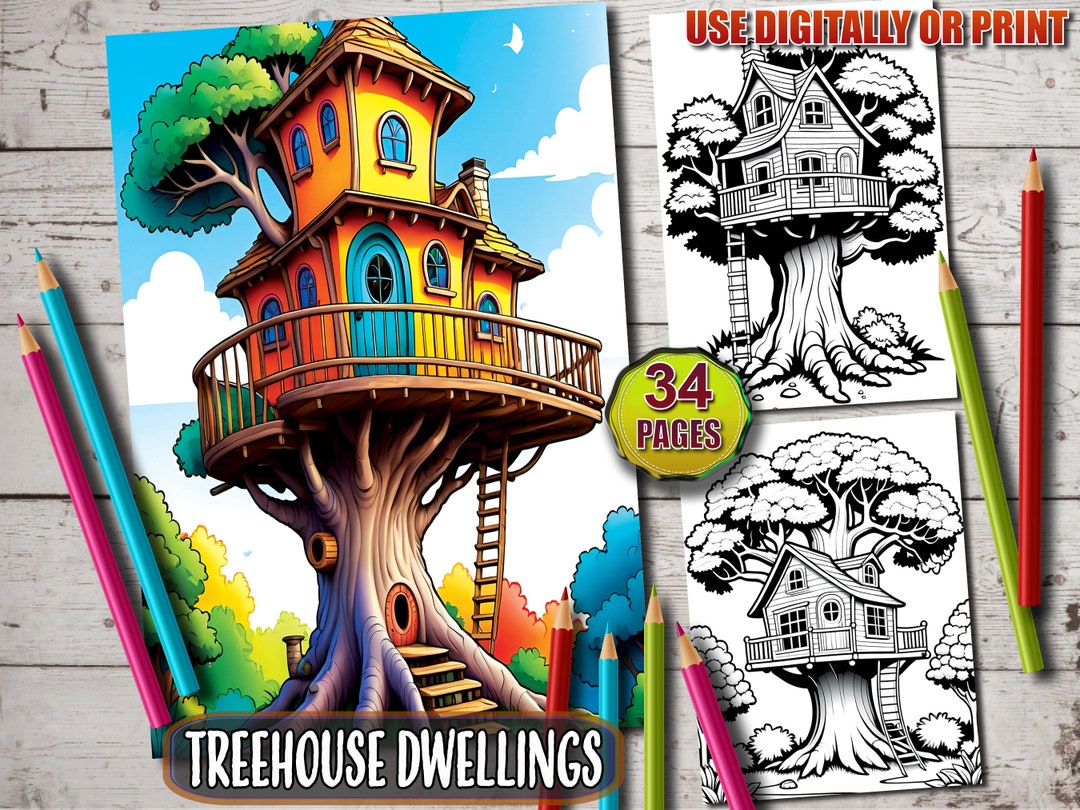 Treehouse Dwellings Coloring Book, Printable Fantasy Fairy House ...