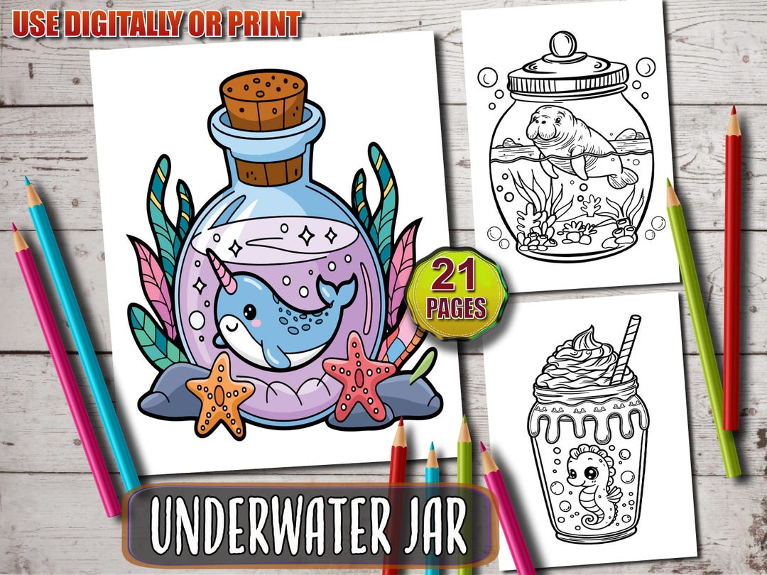 Cute Underwater Jar Coloring Book, Adorable Kawaii Ocean Pages ...