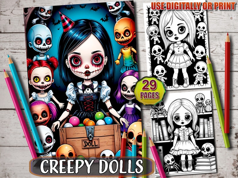 Creepy Doll Coloring Book, Printable Gothic Spooky Dolls Coloring Pages ...