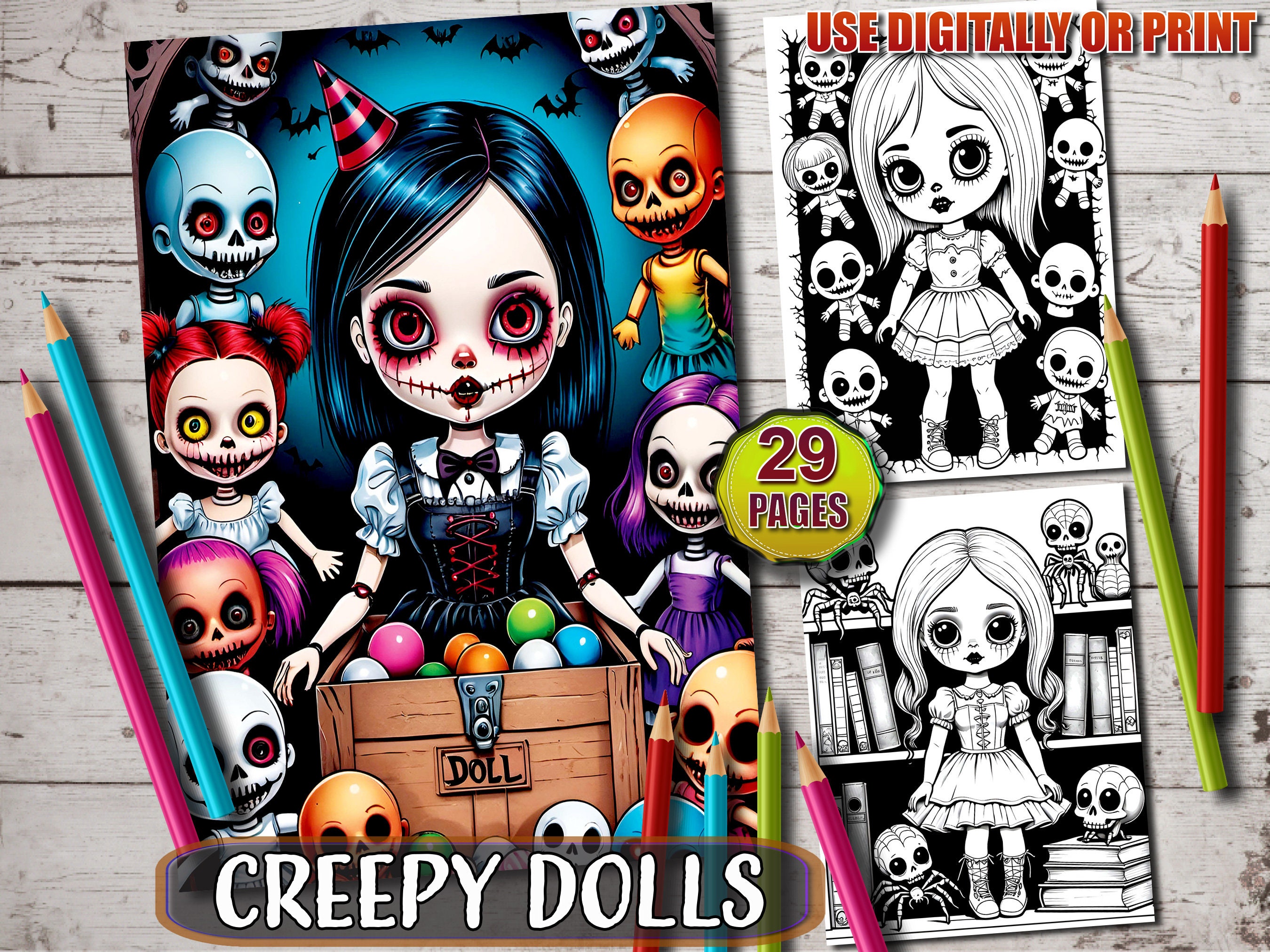Creepy Doll Coloring Book, Printable Gothic Spooky Dolls Coloring Pages ...