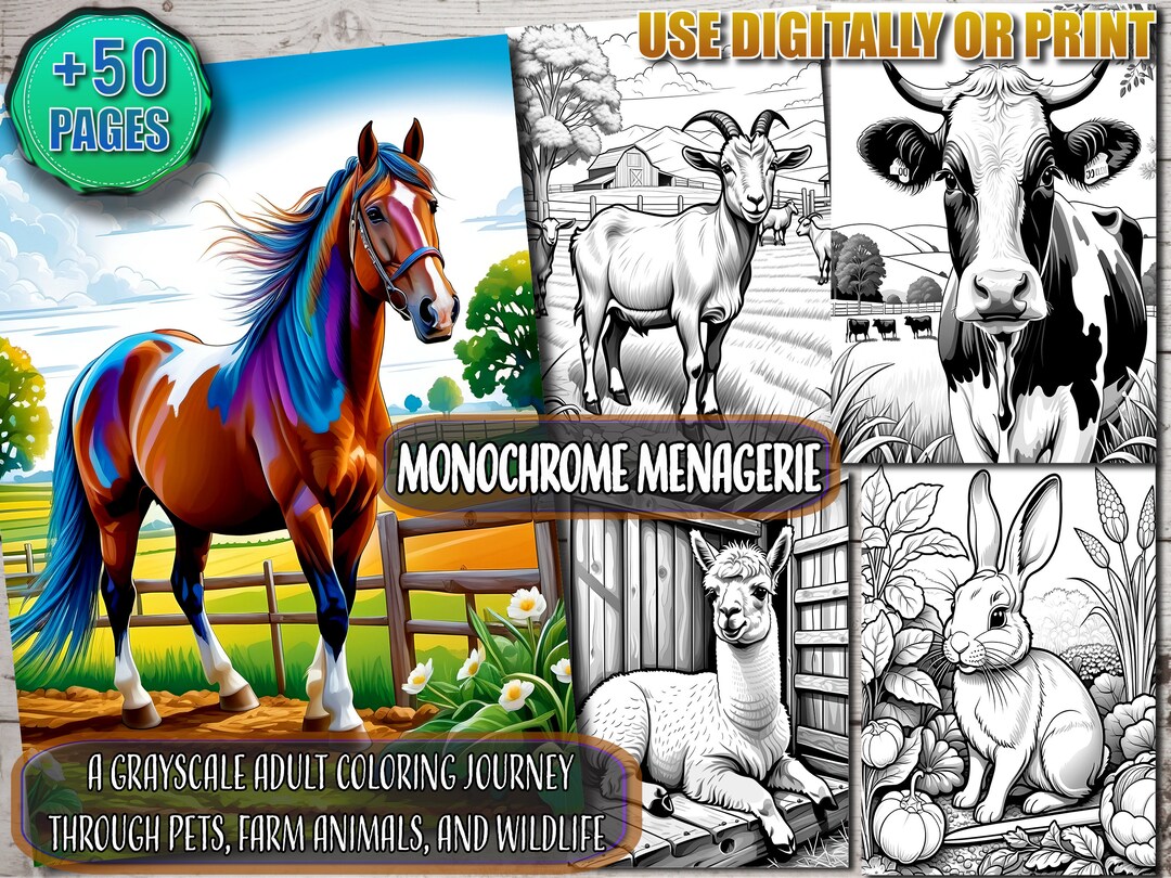 A Grayscale Adult Coloring Journey, Farm Animals,animals Coloring Book ...