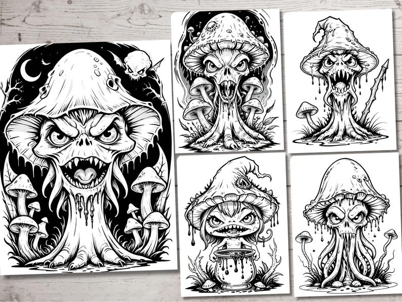 Creepy Mushroom Coloring Book: 35 Spooky Grayscale Pages (PDF Download ...