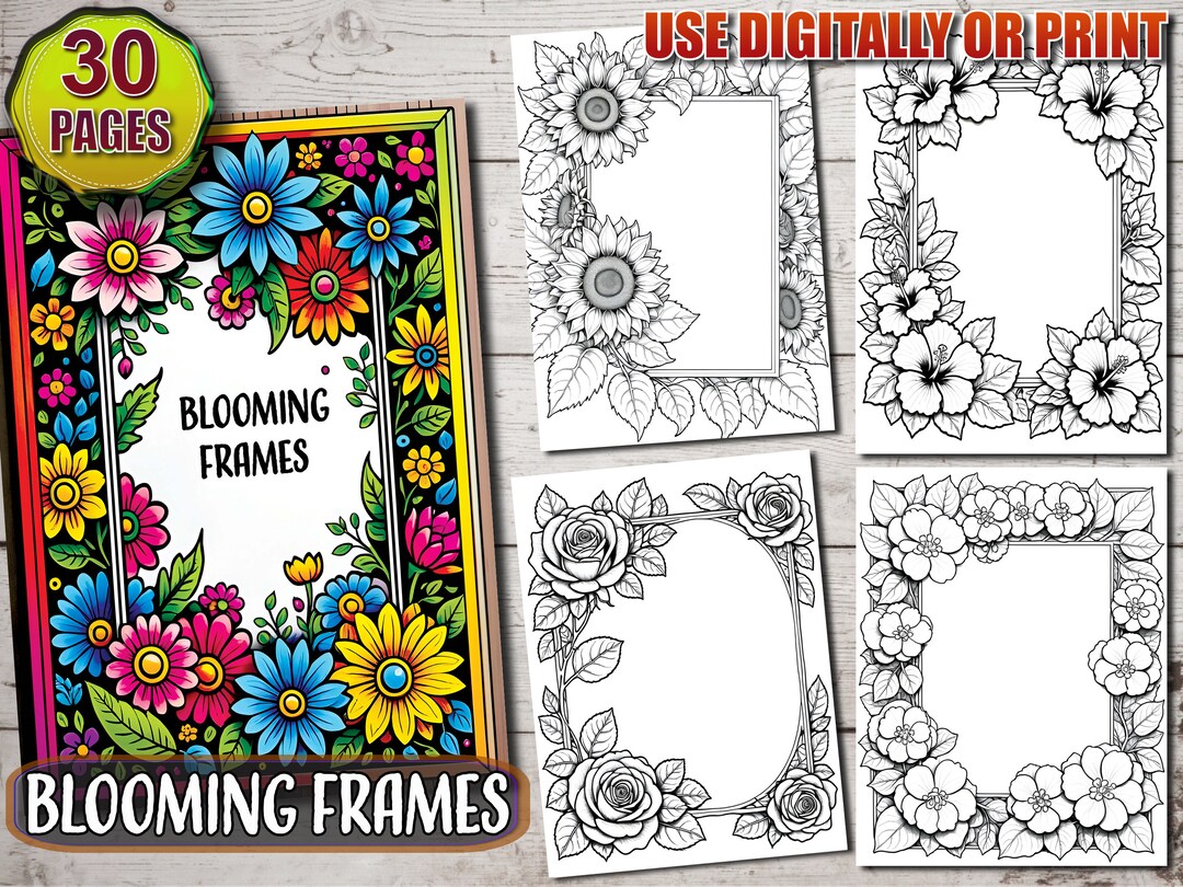 Blooming Frames Coloring Pages, Instant Download Coloring Book ...
