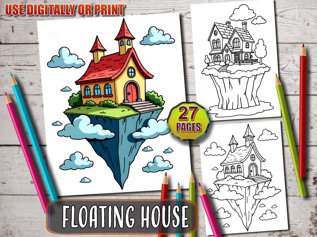 Cute Kawaii Floating Houses Coloring Book: Adorable Sky Homes Coloring ...