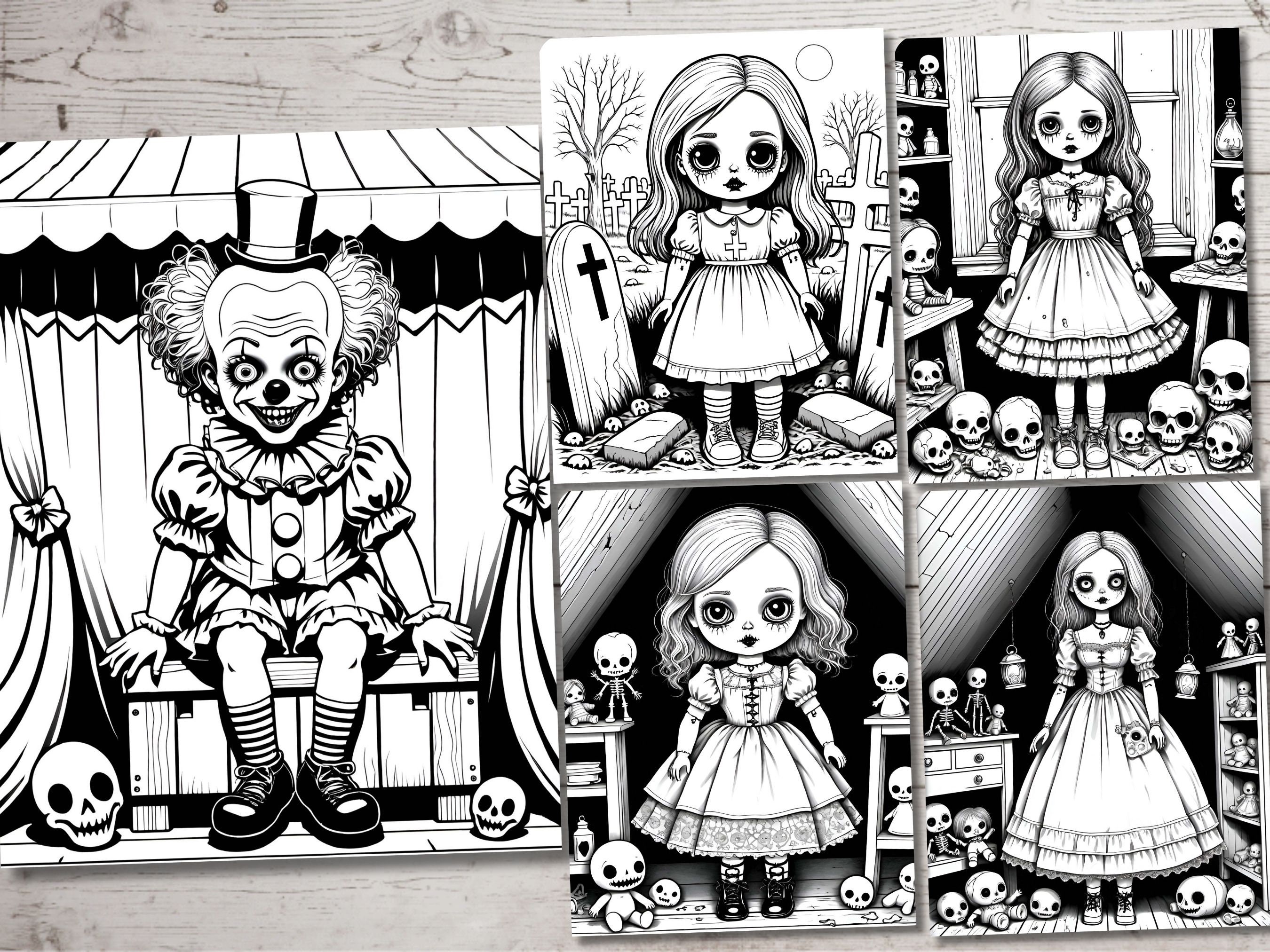 Creepy Doll Coloring Book, Printable Gothic Spooky Dolls Coloring Pages ...