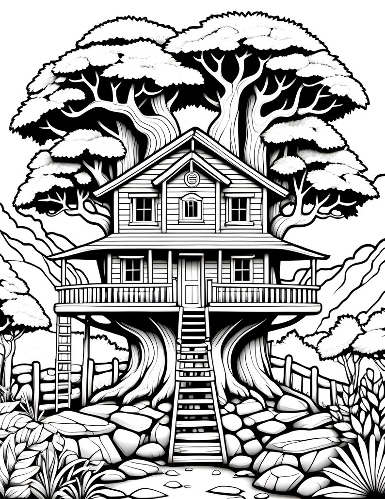 Treehouse Dwellings Coloring Book, Printable Fantasy Fairy House ...