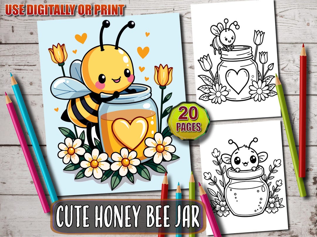 Cute Bee Coloring Pages | Adorable Bees in Honey Jars With Spring ...