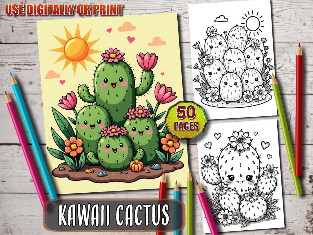 Adorable Kawaii Cactus Coloring Book, Cute Cactus Coloring Pages, Comfy ...