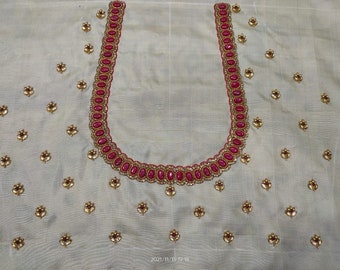 Handmade Pink and Gold Maggam, Zardosi Blouse With Stones and Polki ...