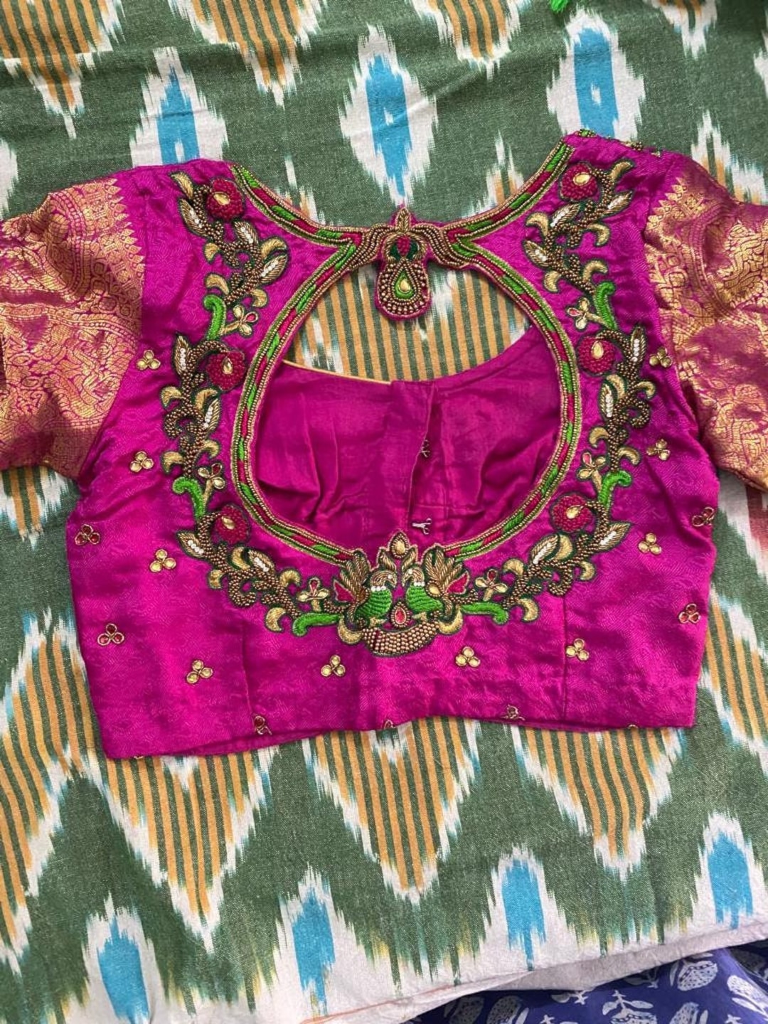 Handmade Pink and Gold Maggam, Zardosi Blouse With Stones and Polki ...