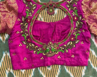 Handmade Pink and Gold Maggam, Zardosi Blouse With Stones and Polki ...