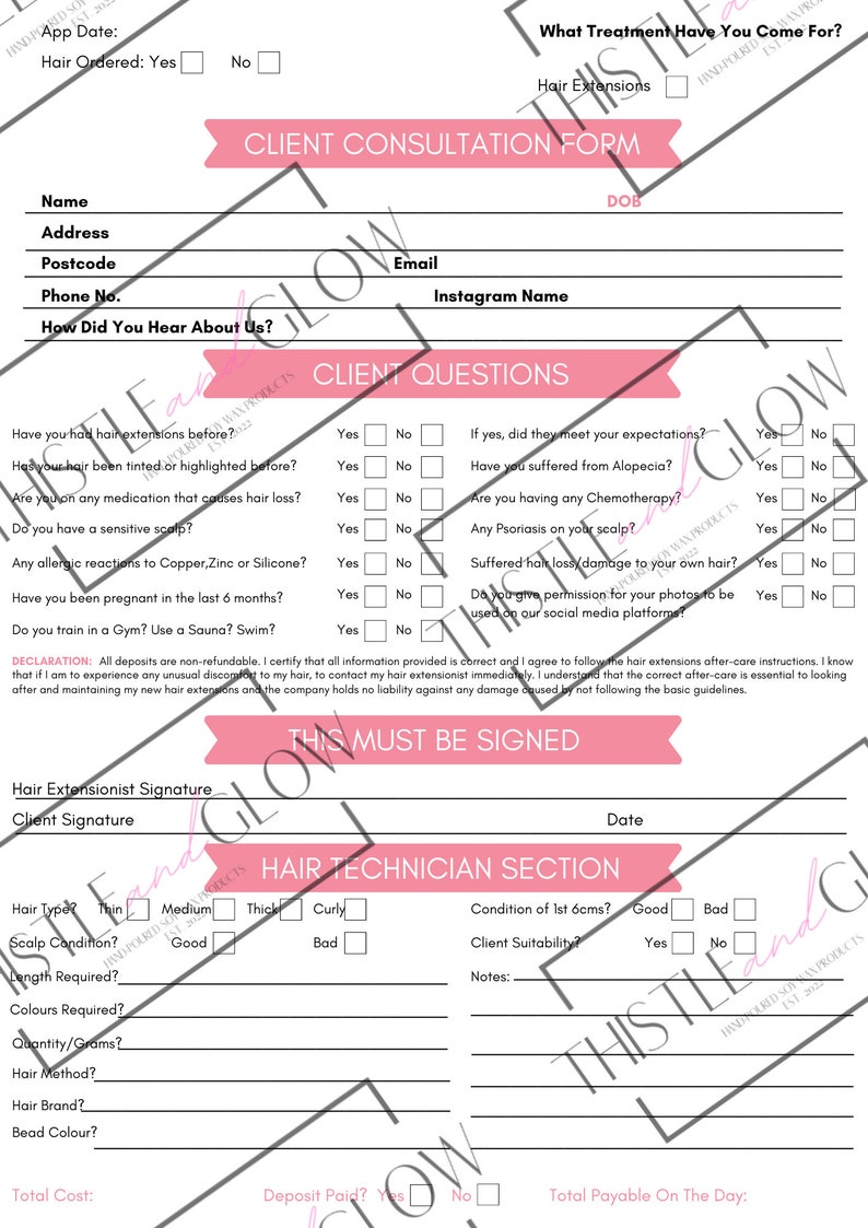 Basic Hair Extension Consultation Form Printable PDF - Etsy